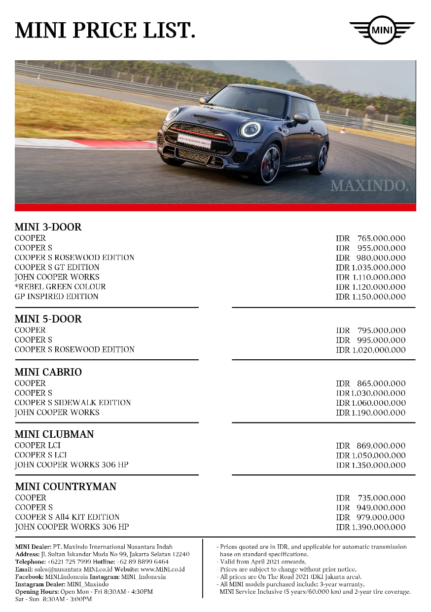PRICE LIST | MINI COOPER JAKARTA