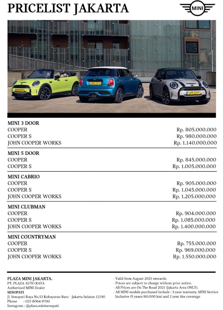 PRICE LIST | MINI COOPER JAKARTA